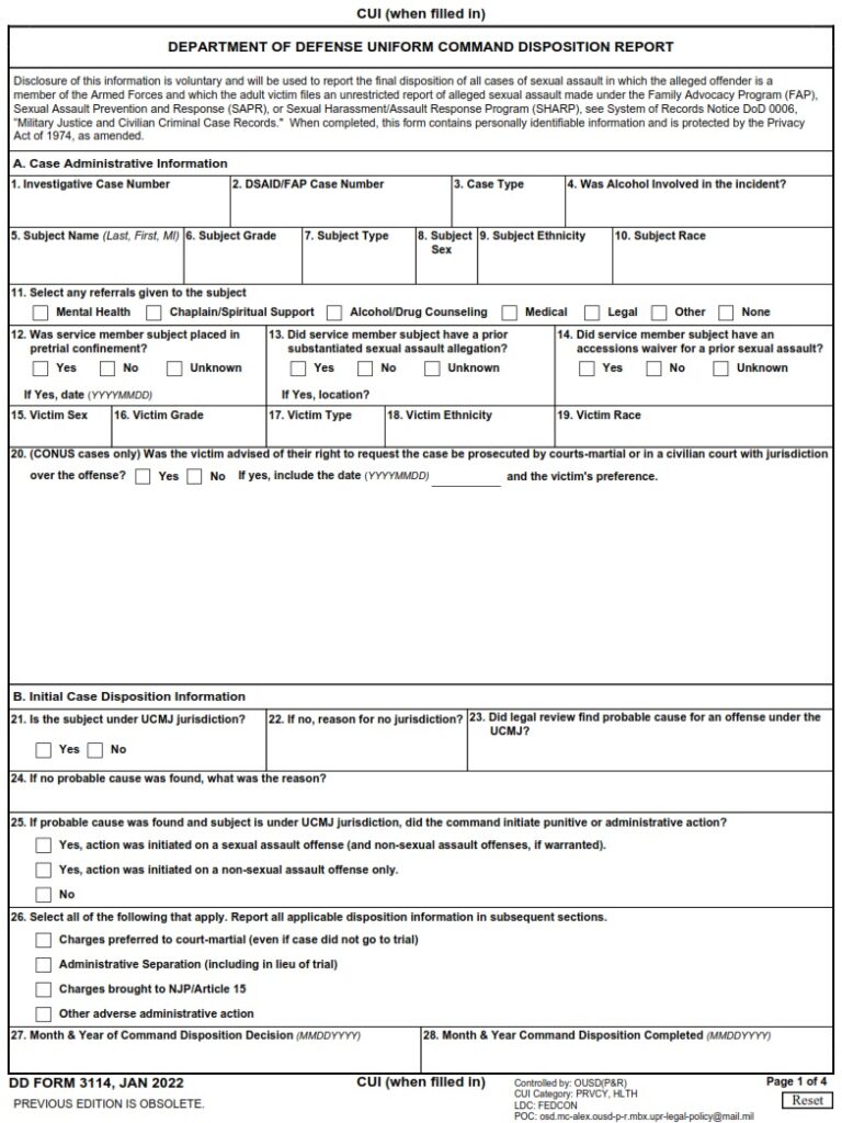 DD Form 3114 - Department Of Defense Uniform Command Disposition Report ...