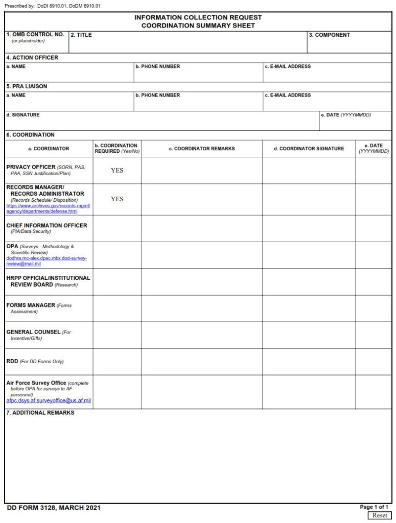 DD Form 3128 - Information Collection Request Coordination Summary Sheet | Free Online Forms