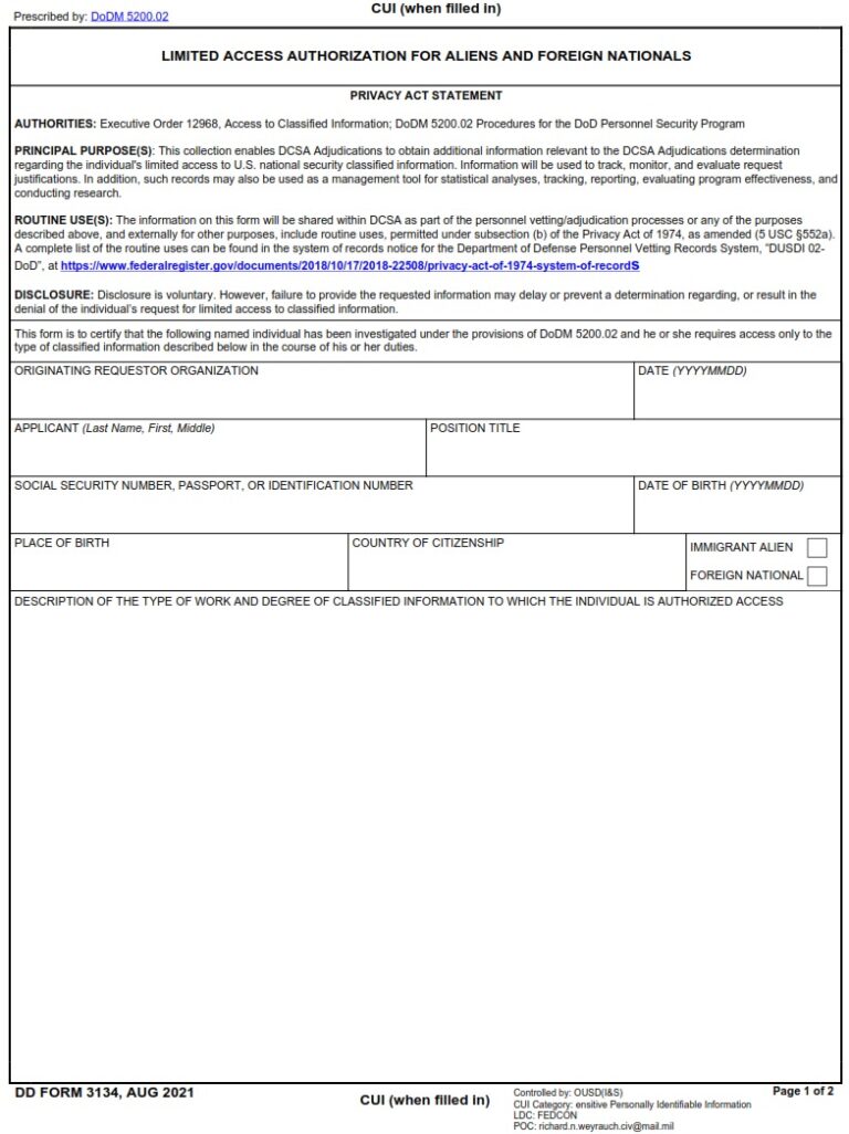 DD Form 3134 - Limited Access Authorization For Aliens And Foreign ...
