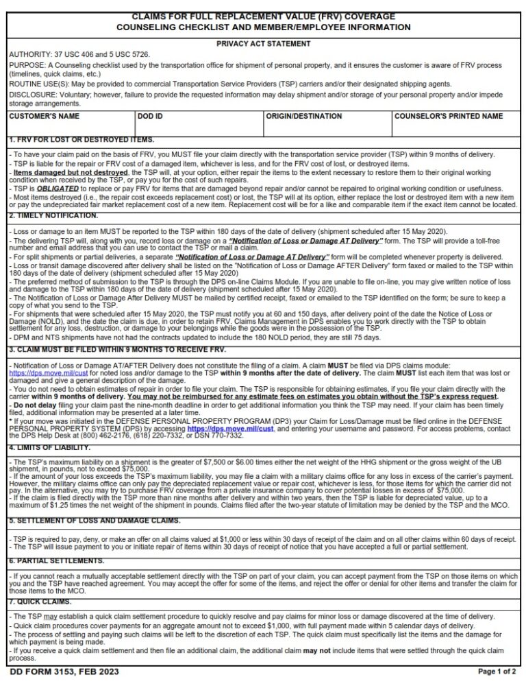 DD Form 3153 - Claims For Full Replacement Value (FRV) Coverage ...