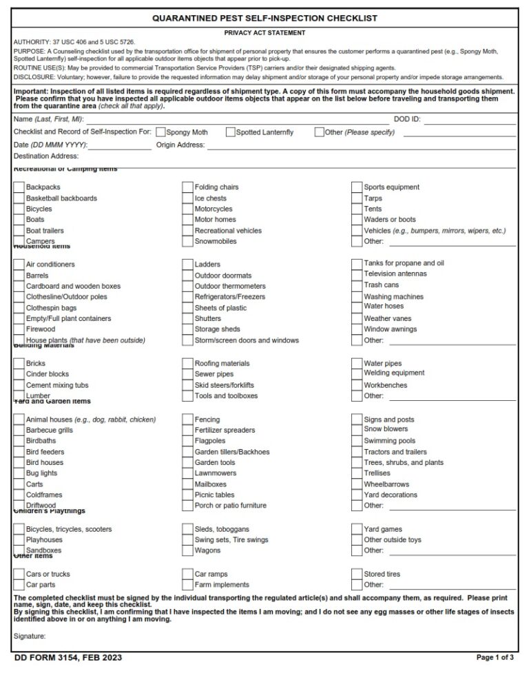 DD Form 3154 - Quarantined Pest Self-Inspection Checklist | Free Online ...