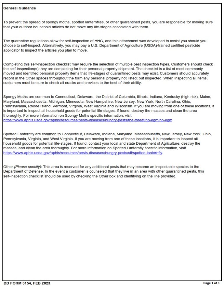 DD Form 3154 - Quarantined Pest Self-Inspection Checklist | Free Online ...
