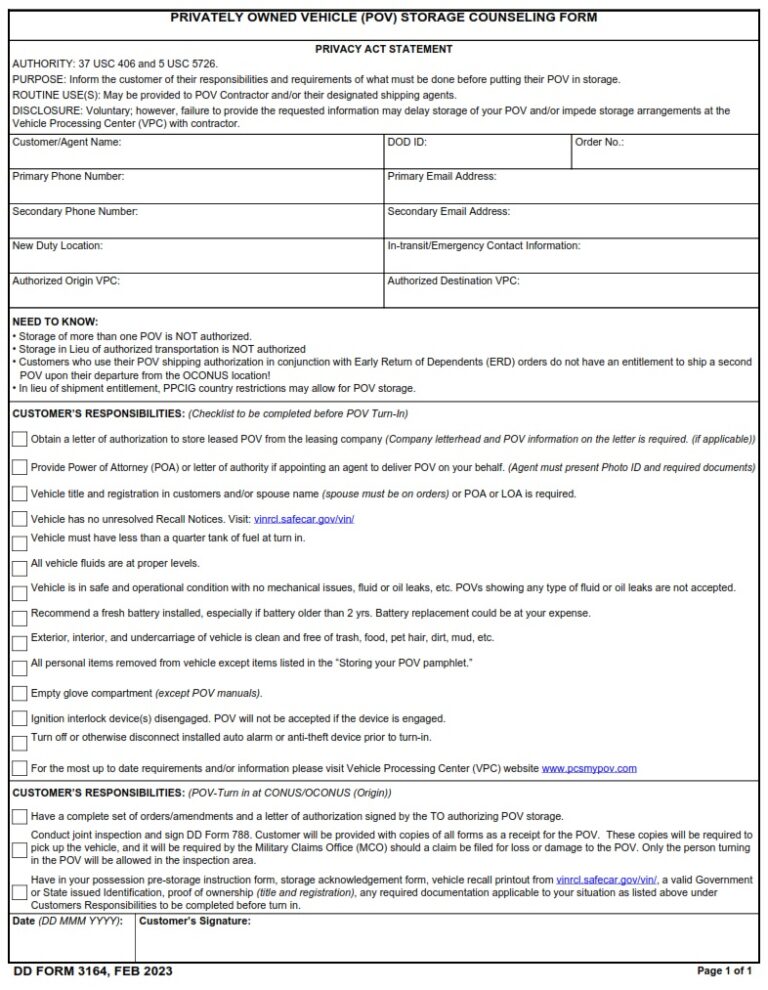 DD Form 3164 - Privately Owned Vehicle (POV) Storage Counseling Form ...