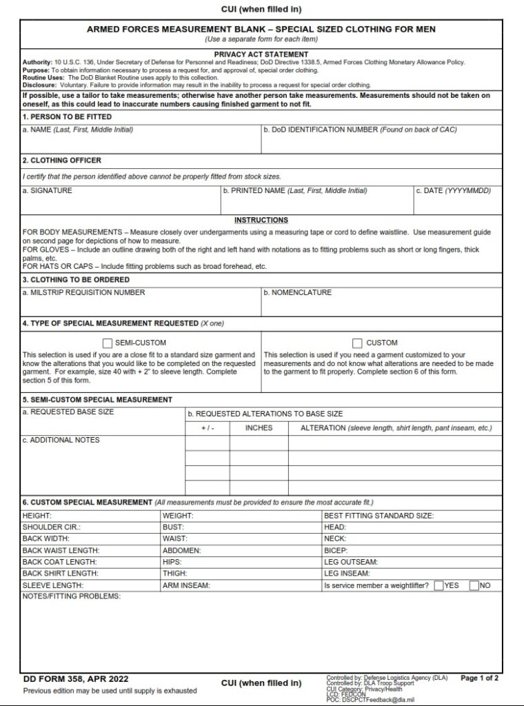 DD Form 358 - Measurement Blank - Special Sized Clothing For Men, Armed ...