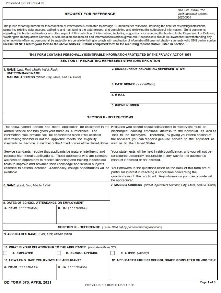 DD Form 370 - Request For Reference | Free Online Forms
