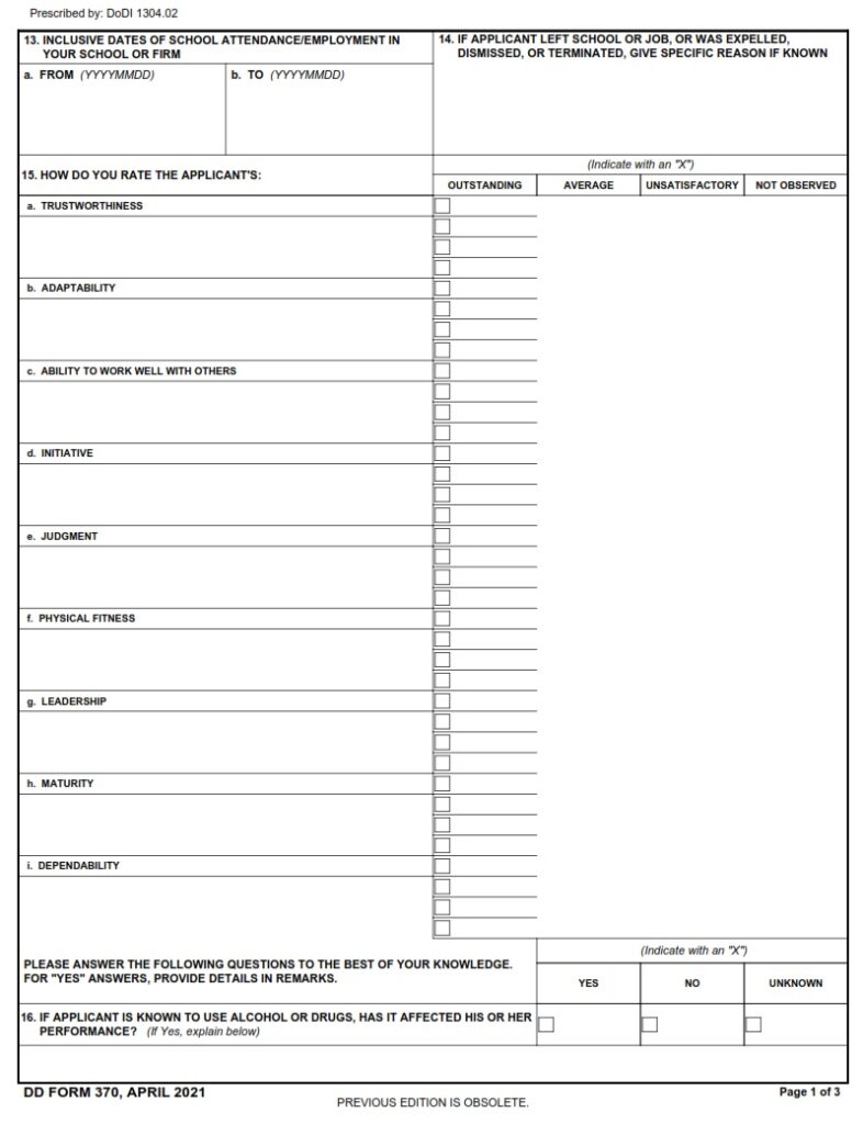 DD Form 370 - Request For Reference | Free Online Forms