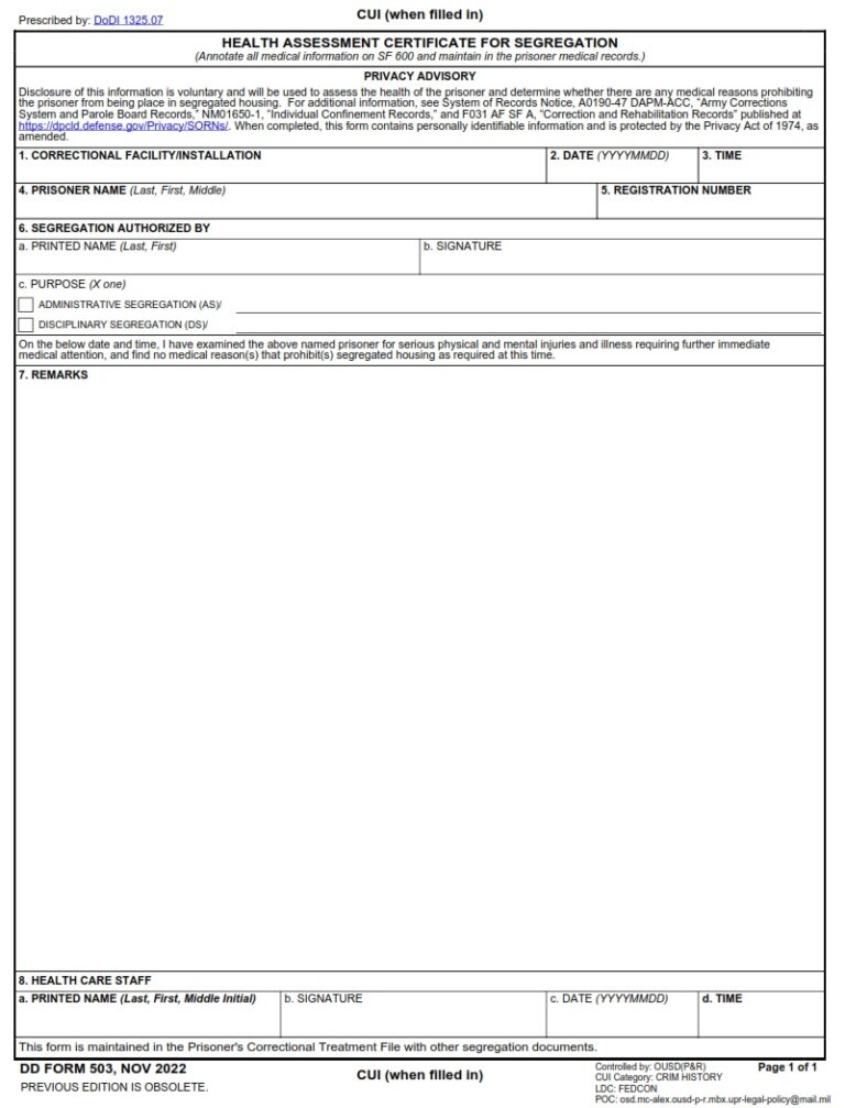 DD Form 503 - Health Assessment Certificate For Segregation | Free ...