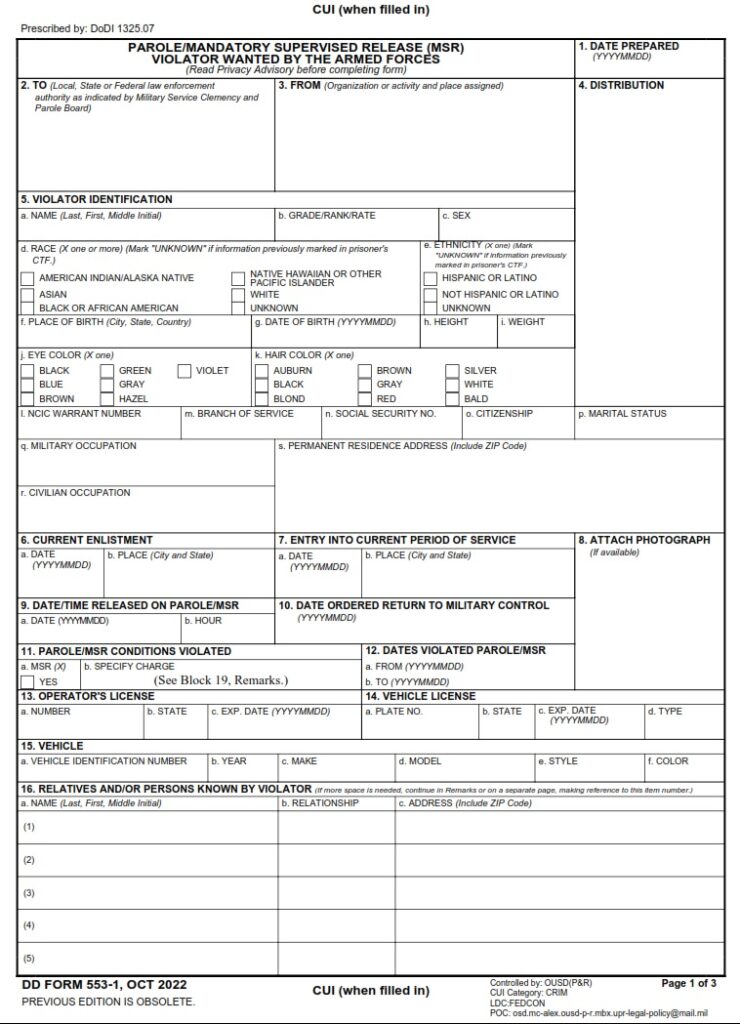 DD Form 553-1 - Parole/Mandatory Supervised Release (MSR) Violator ...