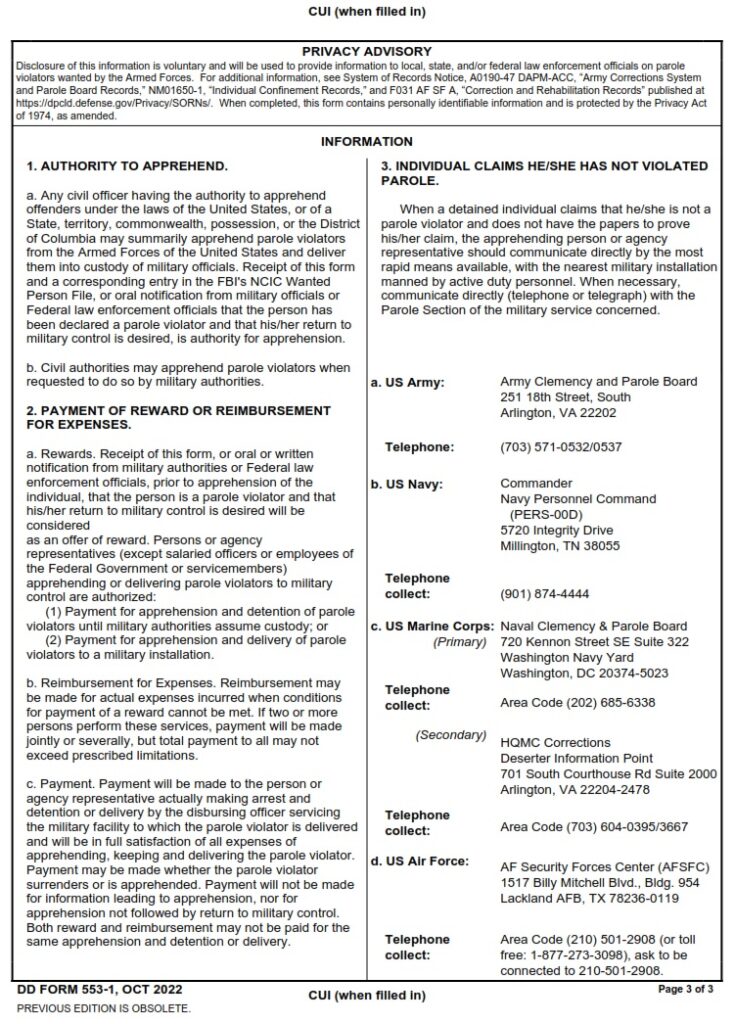 DD Form 553-1 - Parole/Mandatory Supervised Release (MSR) Violator ...