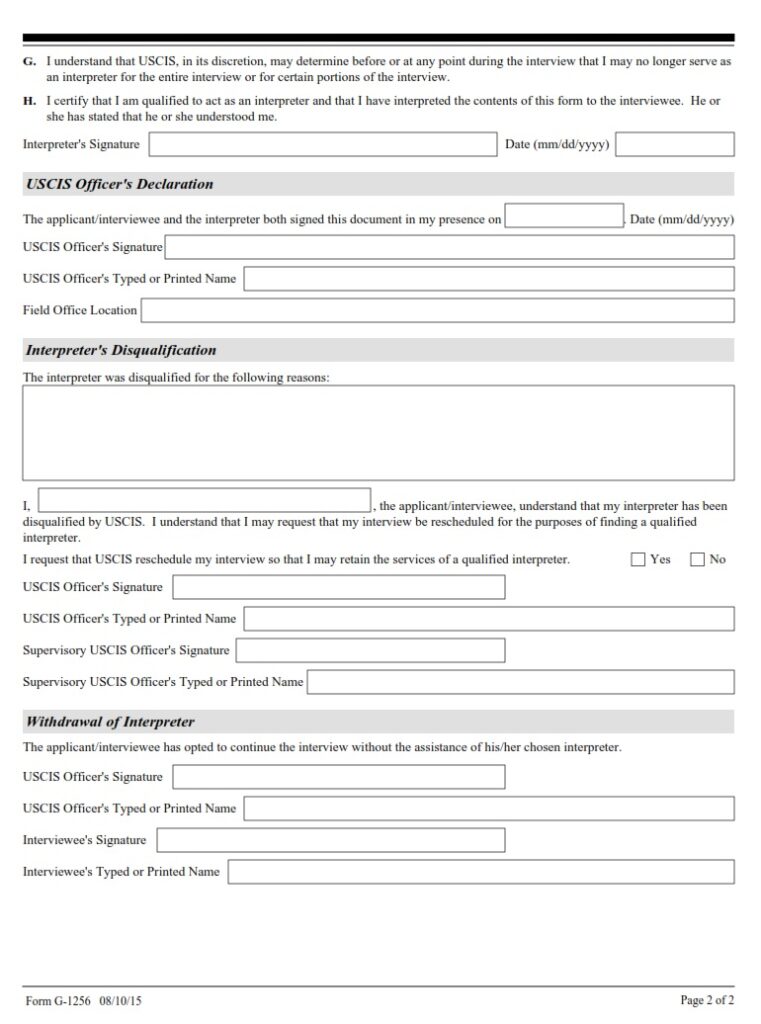 G-1256 Form - Declaration For Interpreted USCIS Interview | Free Online ...