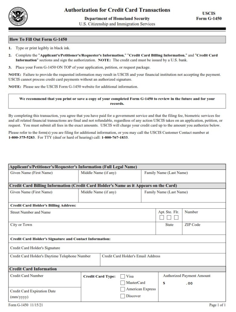G-1450 Form - Authorization For Credit Card Transactions | Free Online ...