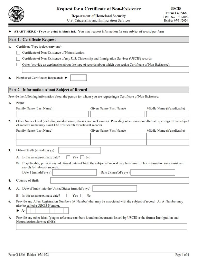 G-1566 Form - Request For Certificate Of Non-Existence | Free Online Forms