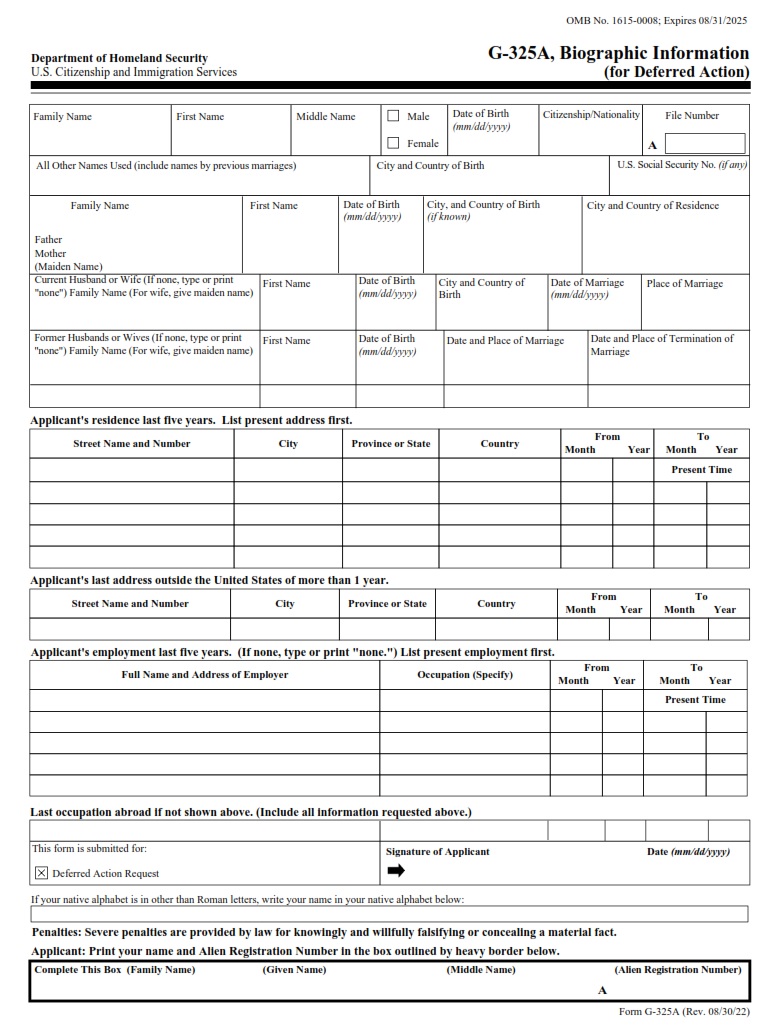 G 325A Form Biographic Information for Deferred Action Free