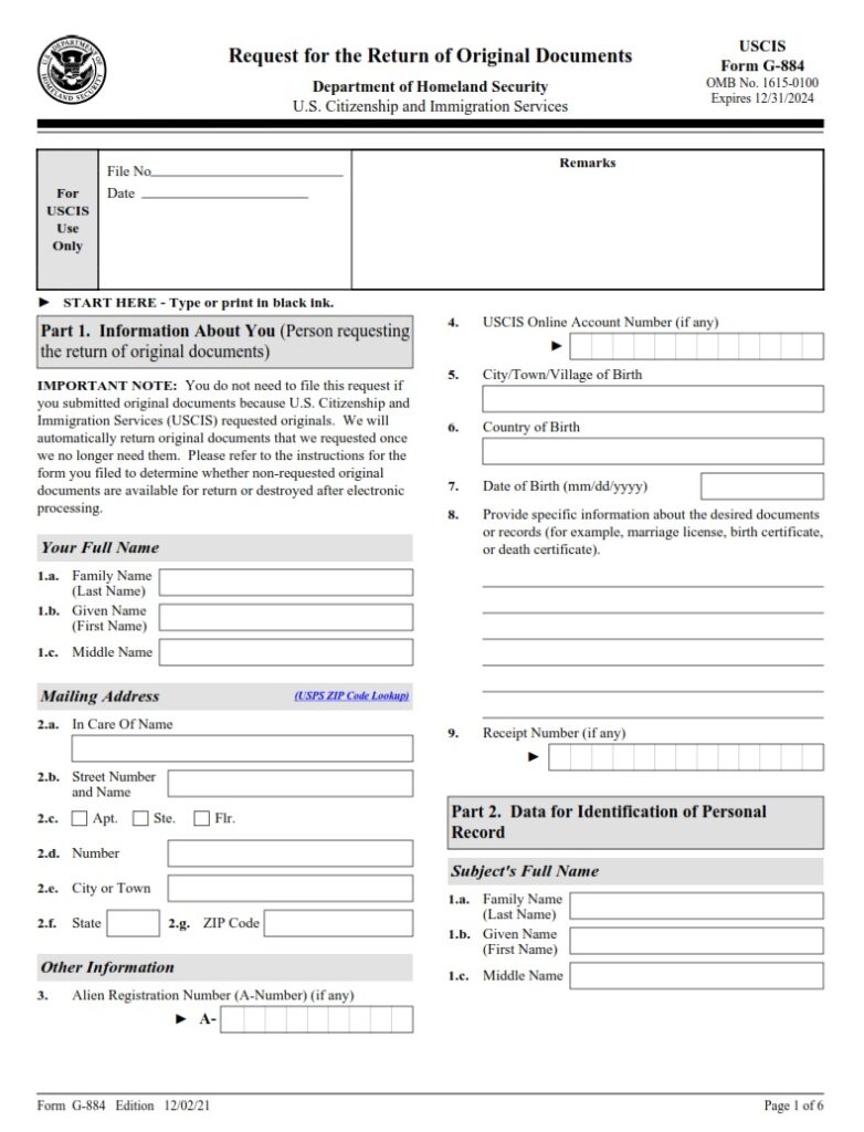 G-884 Form - Request For The Return Of Original Documents | Free Online ...