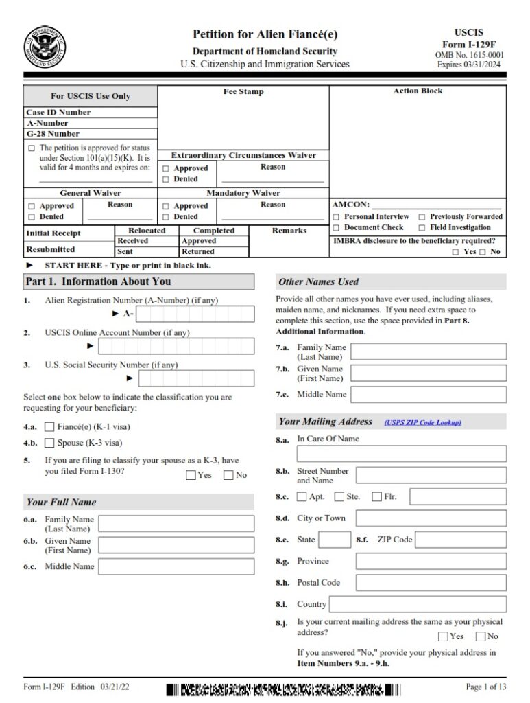 I-129F Form - Petition For Alien Fiancé(e) | Free Online Forms