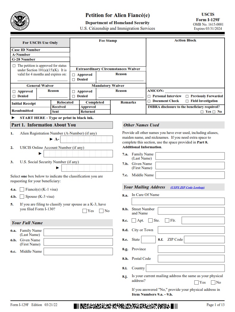 I 129F Form Petition For Alien Fianc e Free Online Forms I 129F Form Petition For Alien Fianc e Free Online Forms