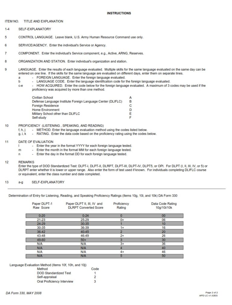 DA Form 330 - Language Proficiency Questionnaire | Free Online Forms