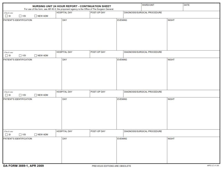 DA Form 3889-1 - Nursing Unit 24-Hour Report - Continuation Sheet ...