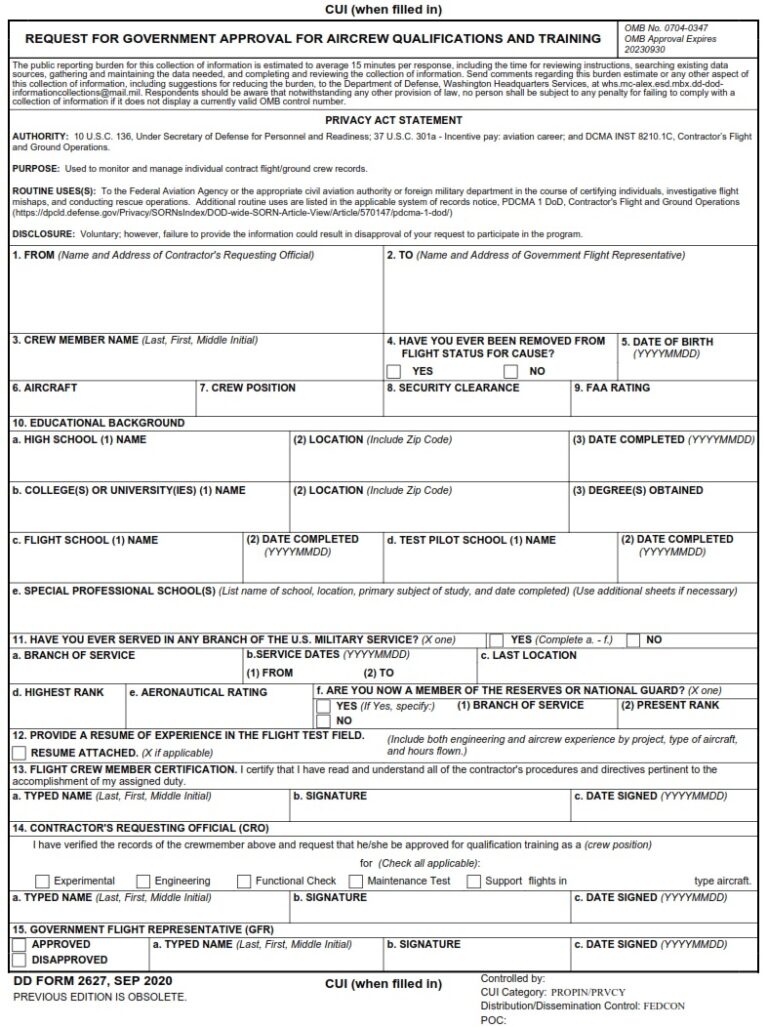DD Form 2627 - Request For Government Approval For Aircrew ...