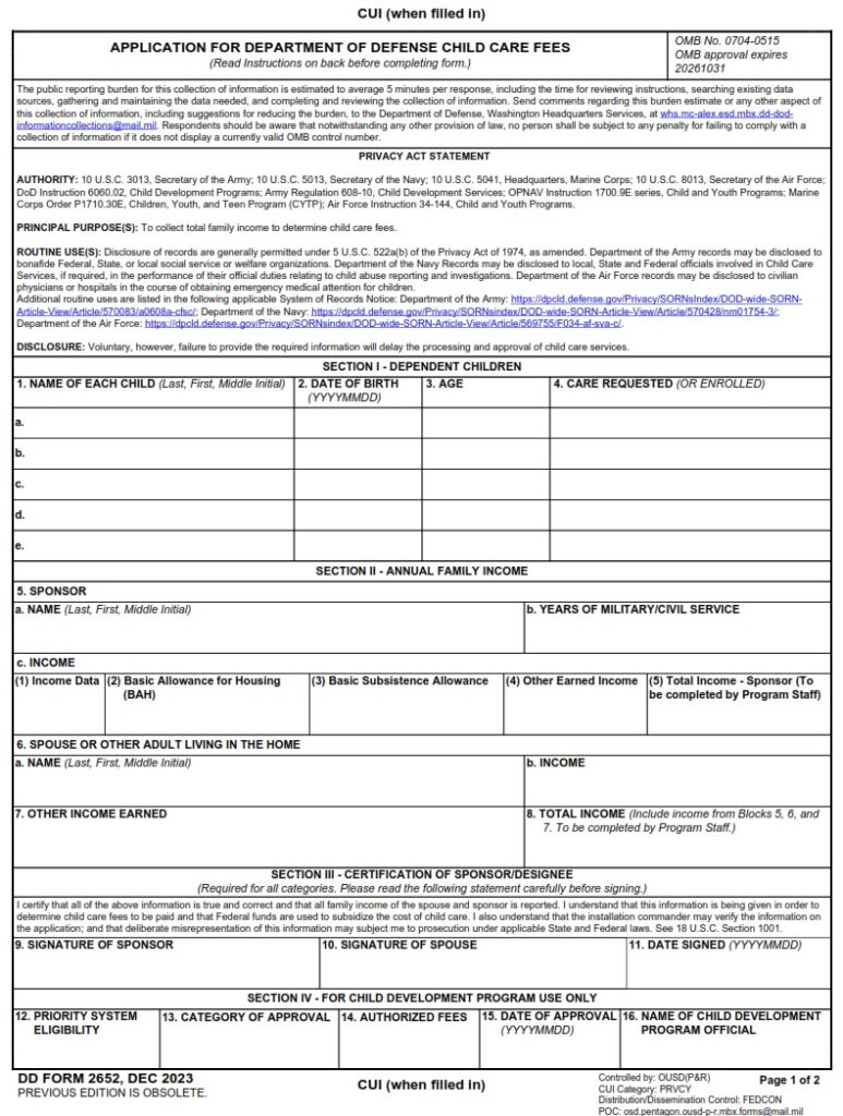 DD Form 2652 - Application For Department Of Defense Child Care Fees ...