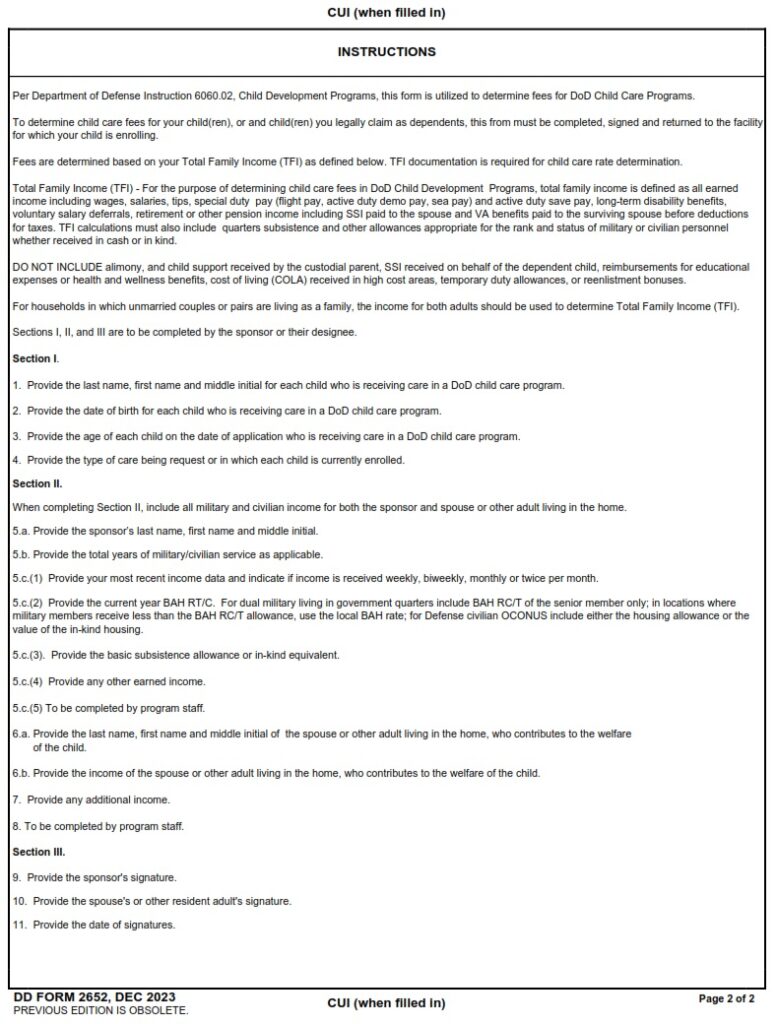 DD Form 2652 - Application For Department Of Defense Child Care Fees ...