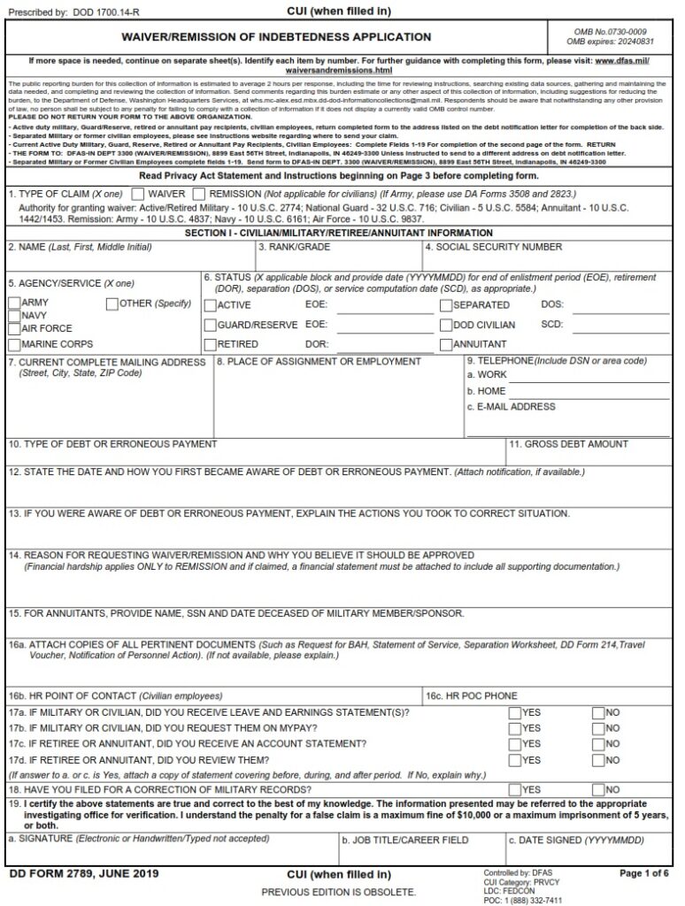 DD Form 2789 - Waiver/Remission Of Indebtedness Application | Free ...