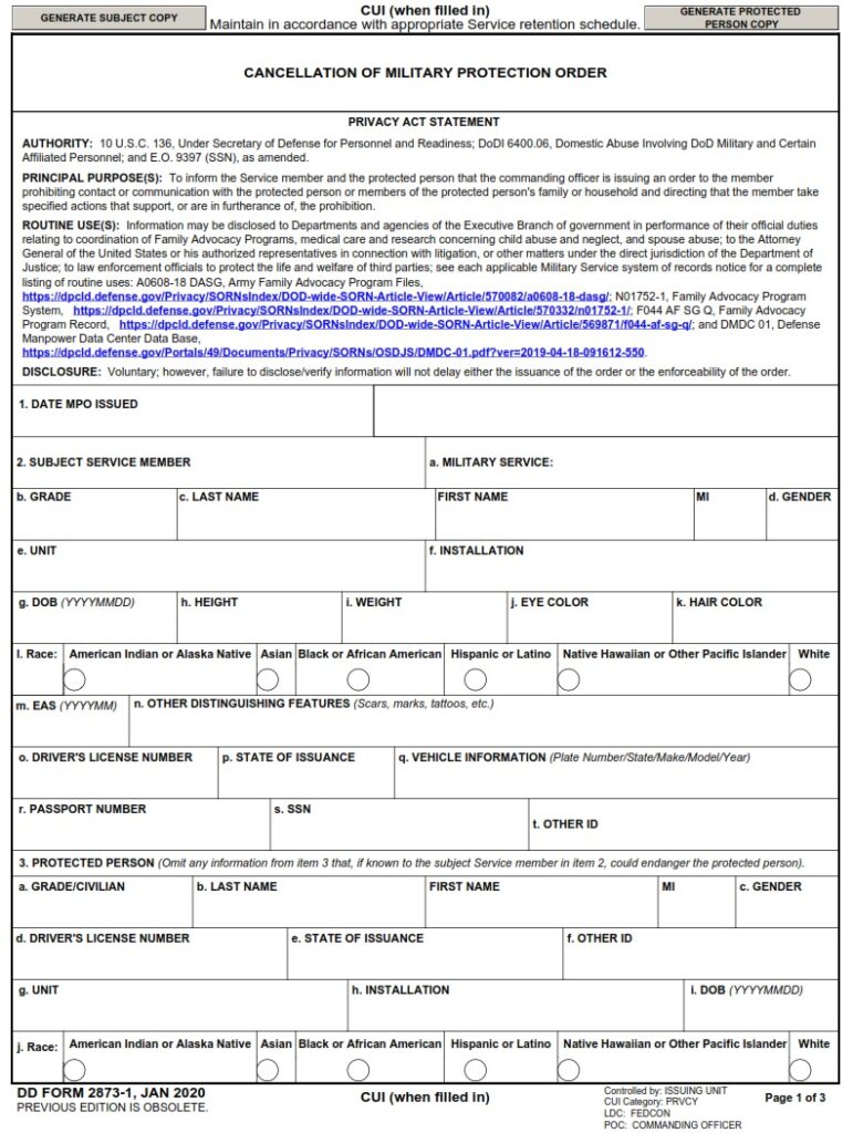 DD Form 2873-1 - Page 1 | Free Online Forms