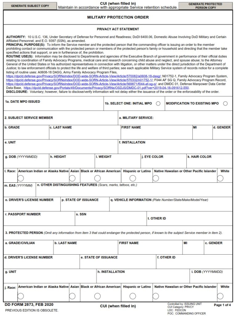 DD Form 2873 - Military Protection Order (MPO) | Free Online Forms