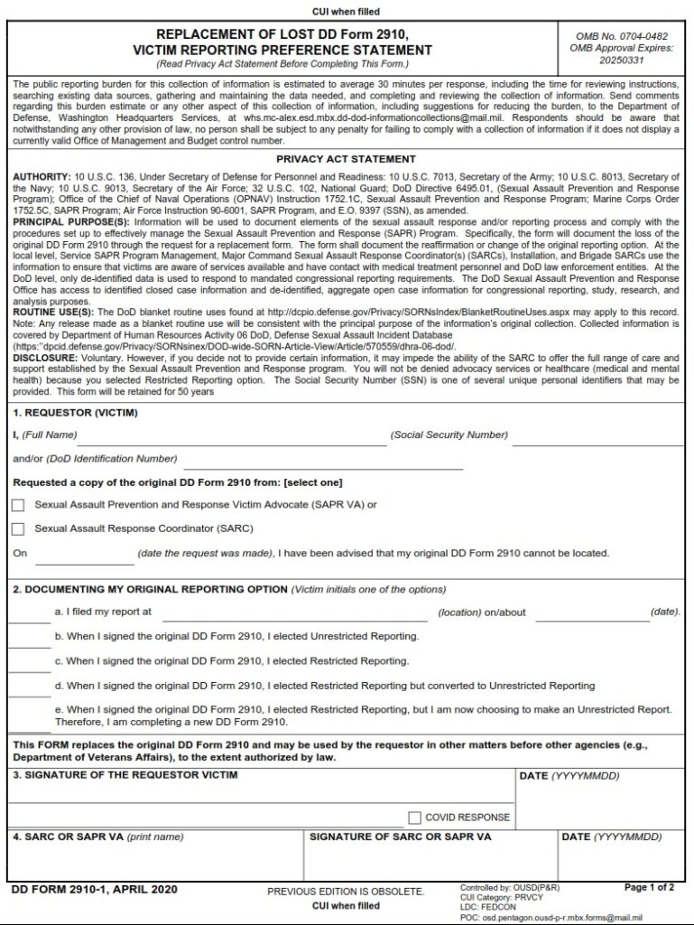 DD Form 2910-1 - Replacement Of Lost DD Form 2910, Victim Reporting ...