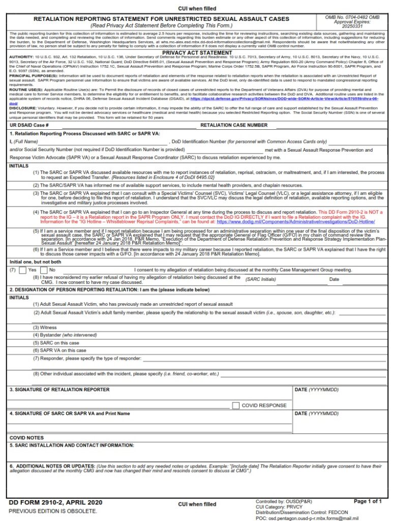 DD Form 2910-2 - Retaliation Reporting Statement For Unrestricted Sexual Assault Cases | Free ...