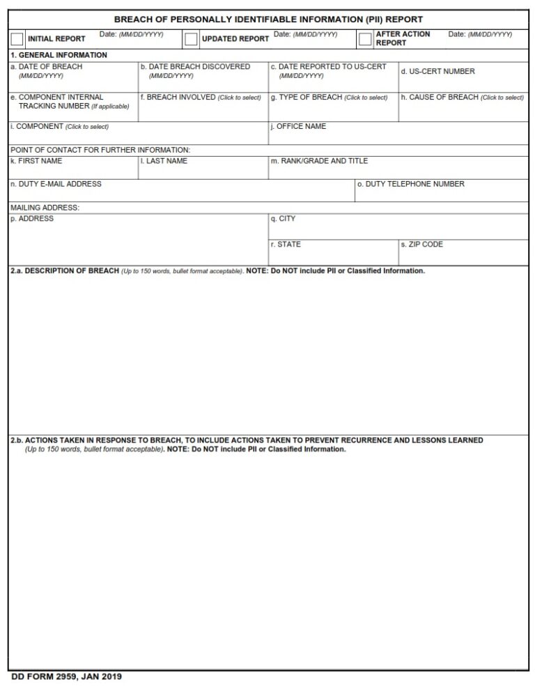 DD Form 2959 - Breach Of Personally Identifiable Information (PII ...