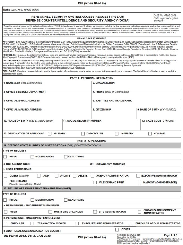 DD Form 2962v2 - Personnel Security System Access Request (PSSAR ...