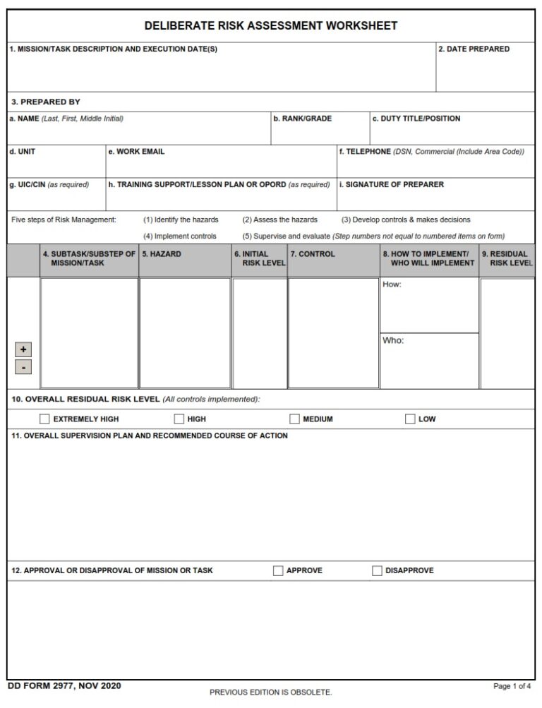 DD Form 2977 - Deliberate Risk Assessment Worksheet | Free Online Forms