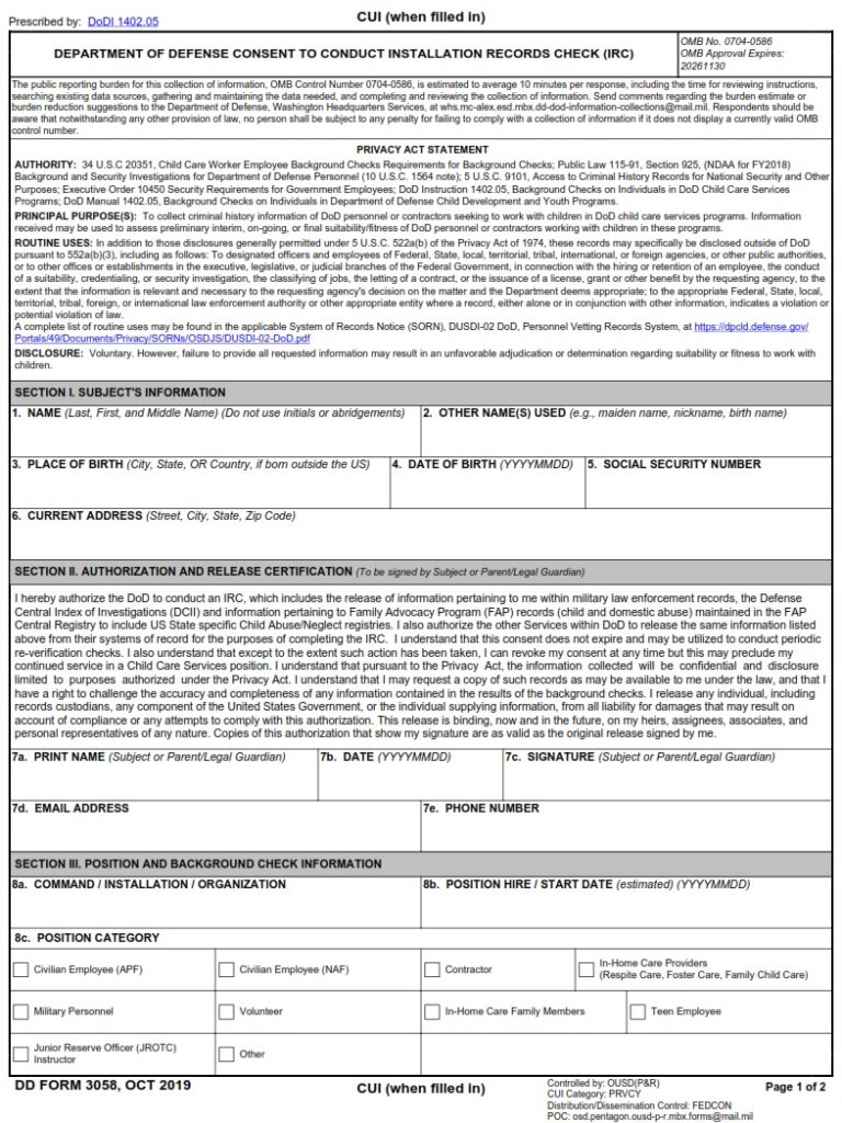 DD Form 3058 - Department Of Defense Consent To Conduct Installation ...