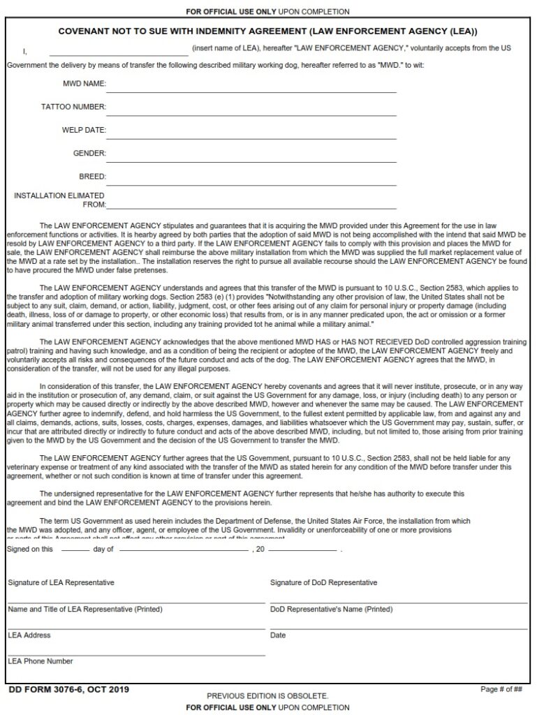 DD Form 3076-6 - Military Working Dog (MWD) Covenant Not To Sue With ...