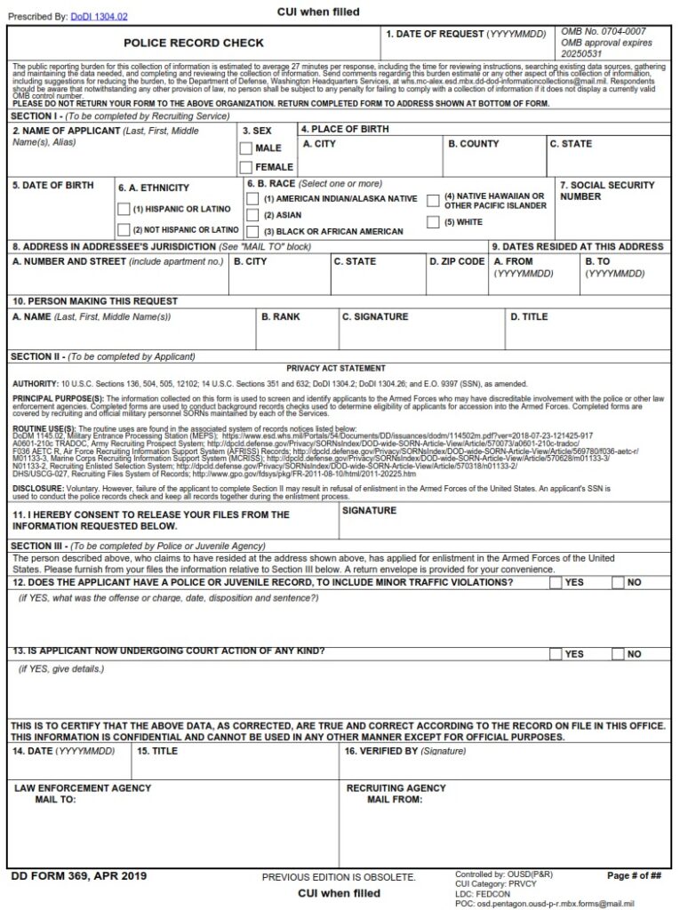 DD Form 369 - Police Record Check | Free Online Forms