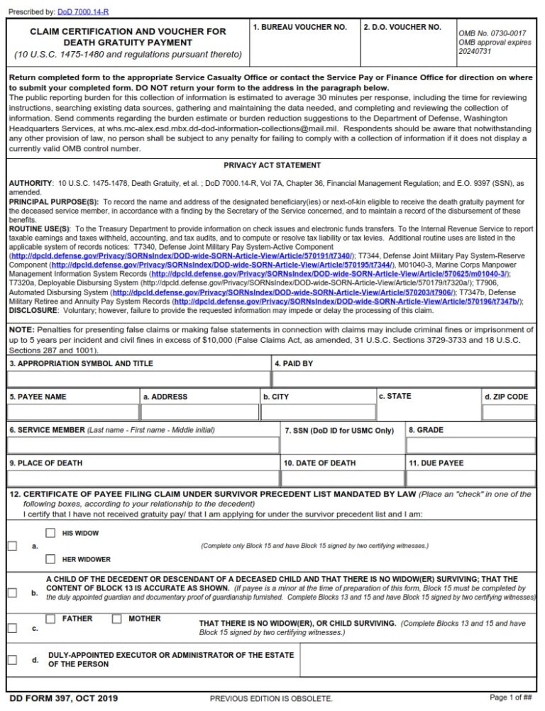 DD Form 397 - Claim Certification And Voucher For Death Gratuity ...