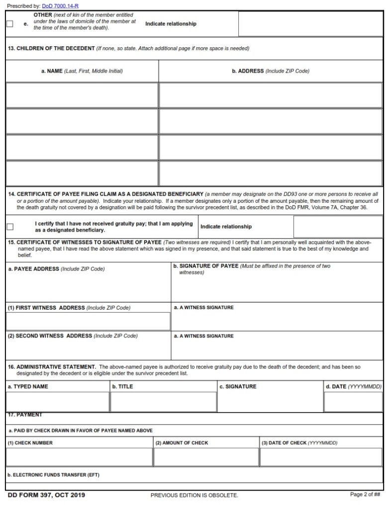 DD Form 397 - Claim Certification And Voucher For Death Gratuity ...