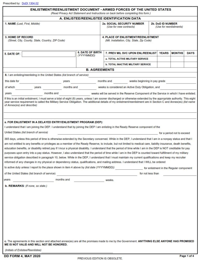 DD Form 4 - Enlistment/Reenlistment Document Armed Forces Of The United ...