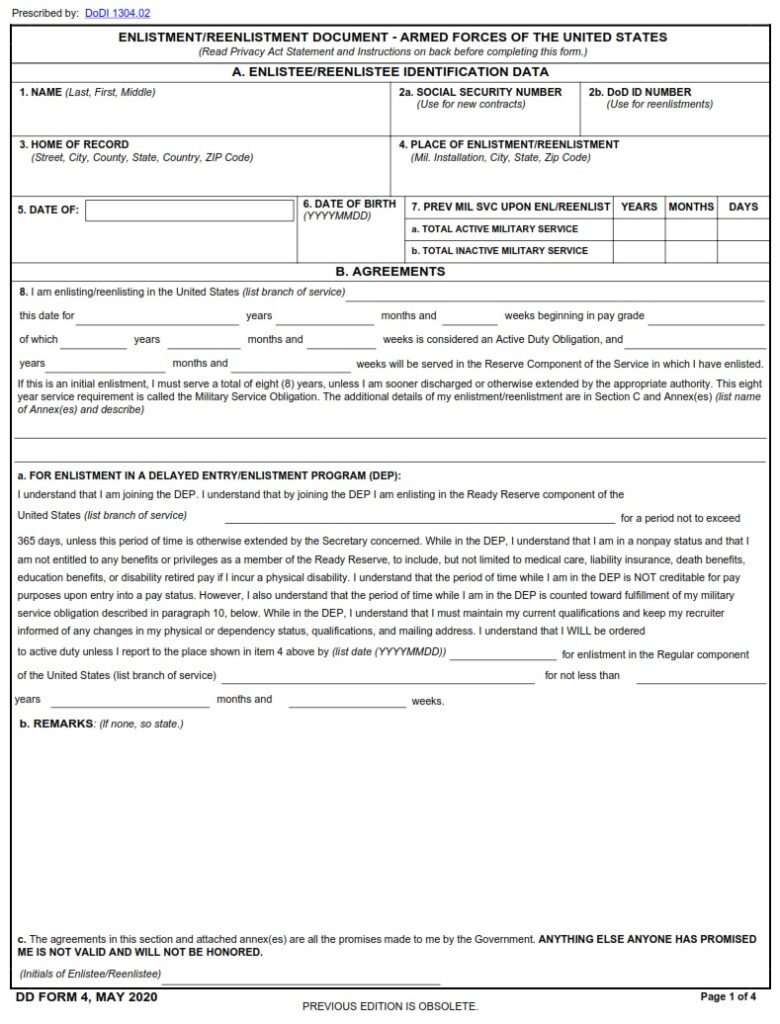 DD Form 4 - Enlistment/Reenlistment Document Armed Forces Of The United ...