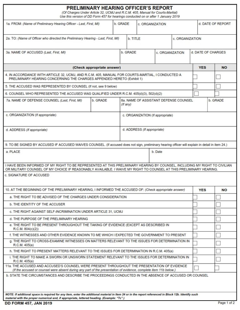 DD Form 457 - Preliminary Hearing Officer's Report | Free Online Forms