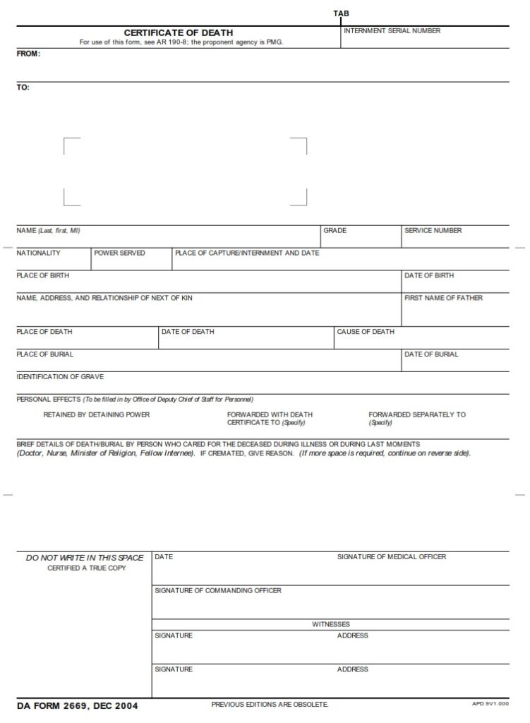 DA Form 2669 - Certificate Of Death | Free Online Forms