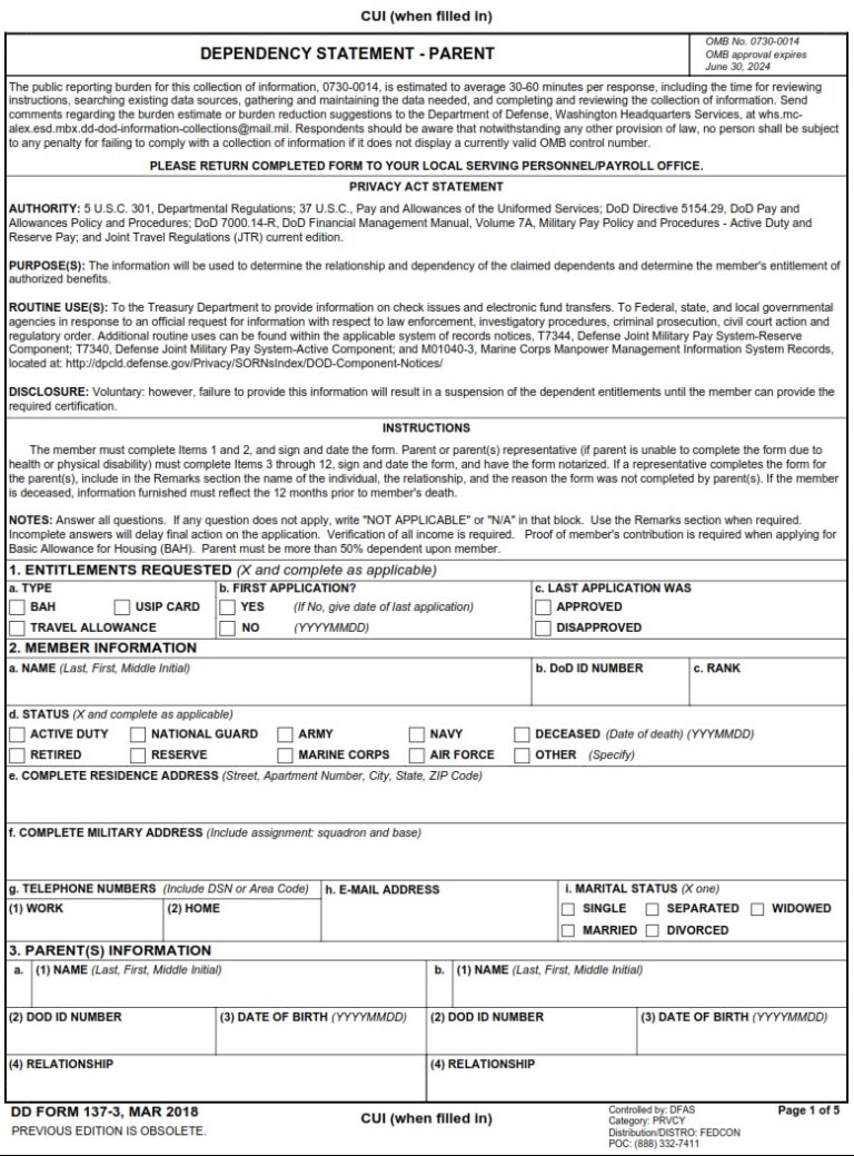 DD Form 137-3 - Dependency Statement - Parent (Instructions) | Free ...