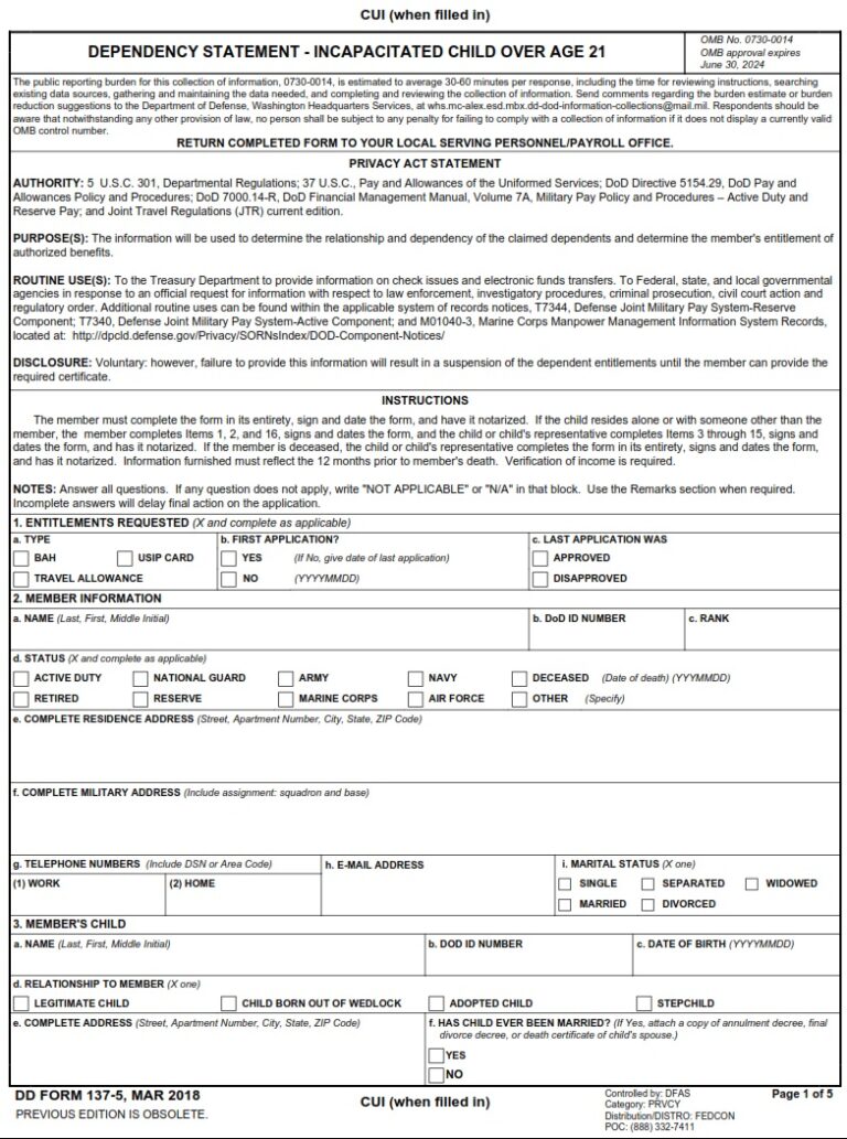 DD Form 137-5 - Dependency Statement - Incapacitated Child Over Age 21 ...