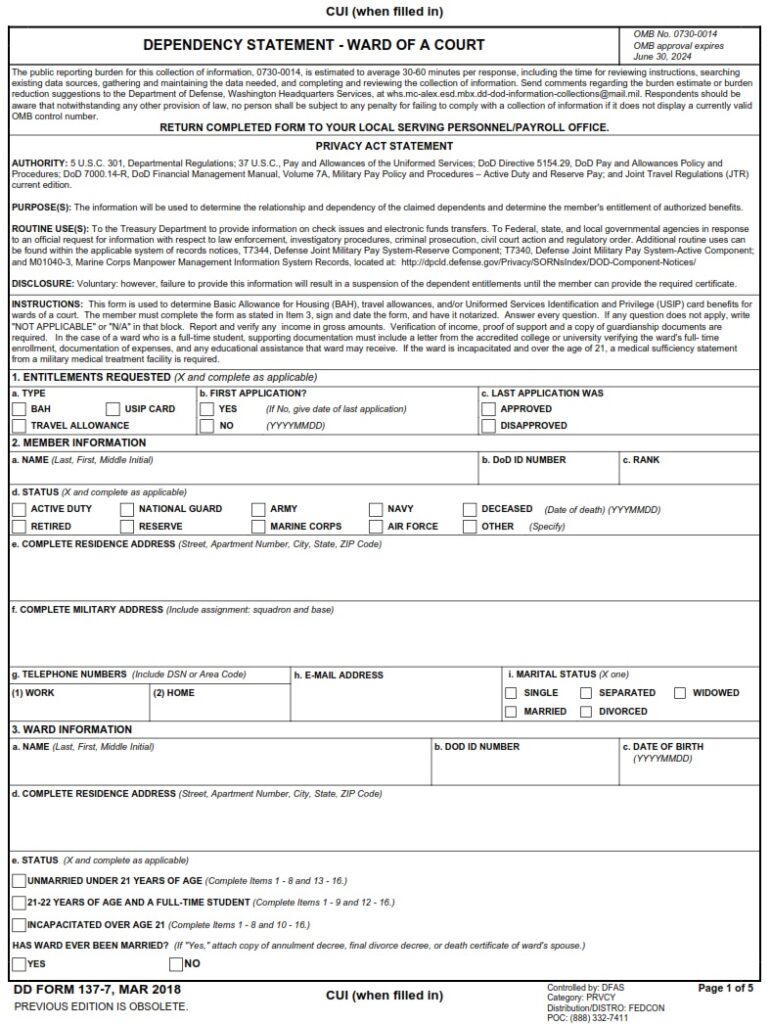 DD Form 137-7 - Parent's Dependency Affidavit (English-Spanish) | Free ...