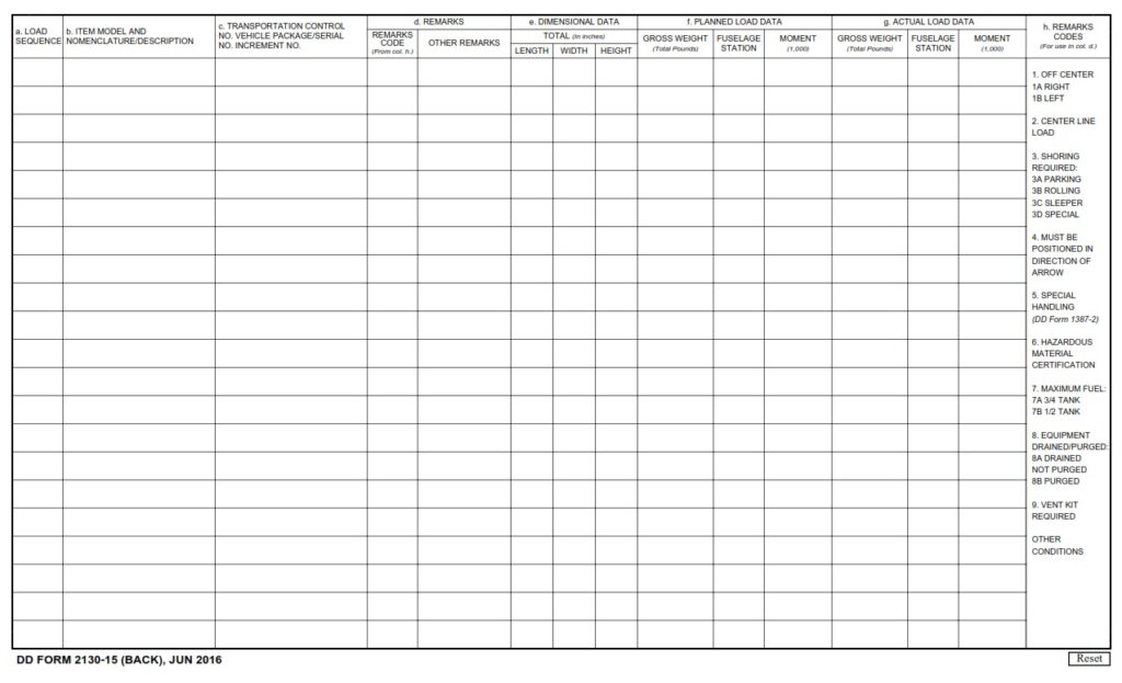 DD Form 2130-15 - C-130J-30 Load Plan | Free Online Forms
