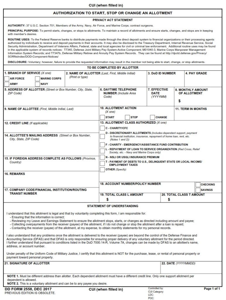 DD Form 2558 - Authorization To Start, Stop, Or Change An Allotment ...