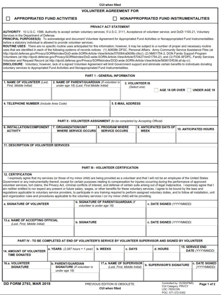DD Form 2793 - Volunteer Agreement For Appropriated Fund Activities ...