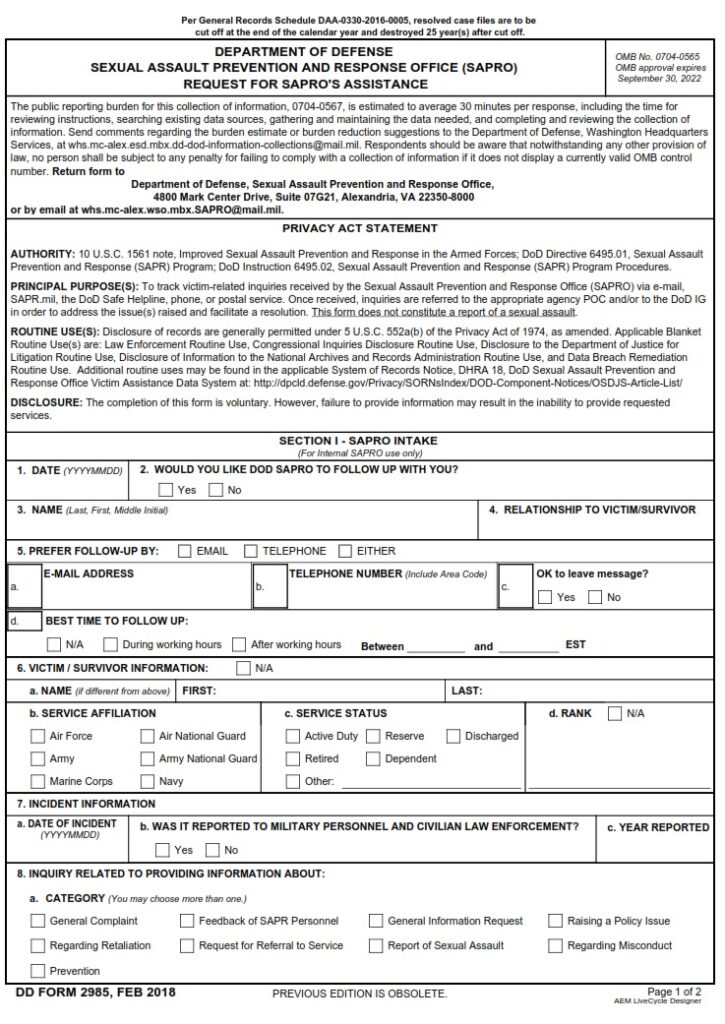 DD Form 2985 - DoD Sexual Assault Prevention And Response Office (SAPRO ...