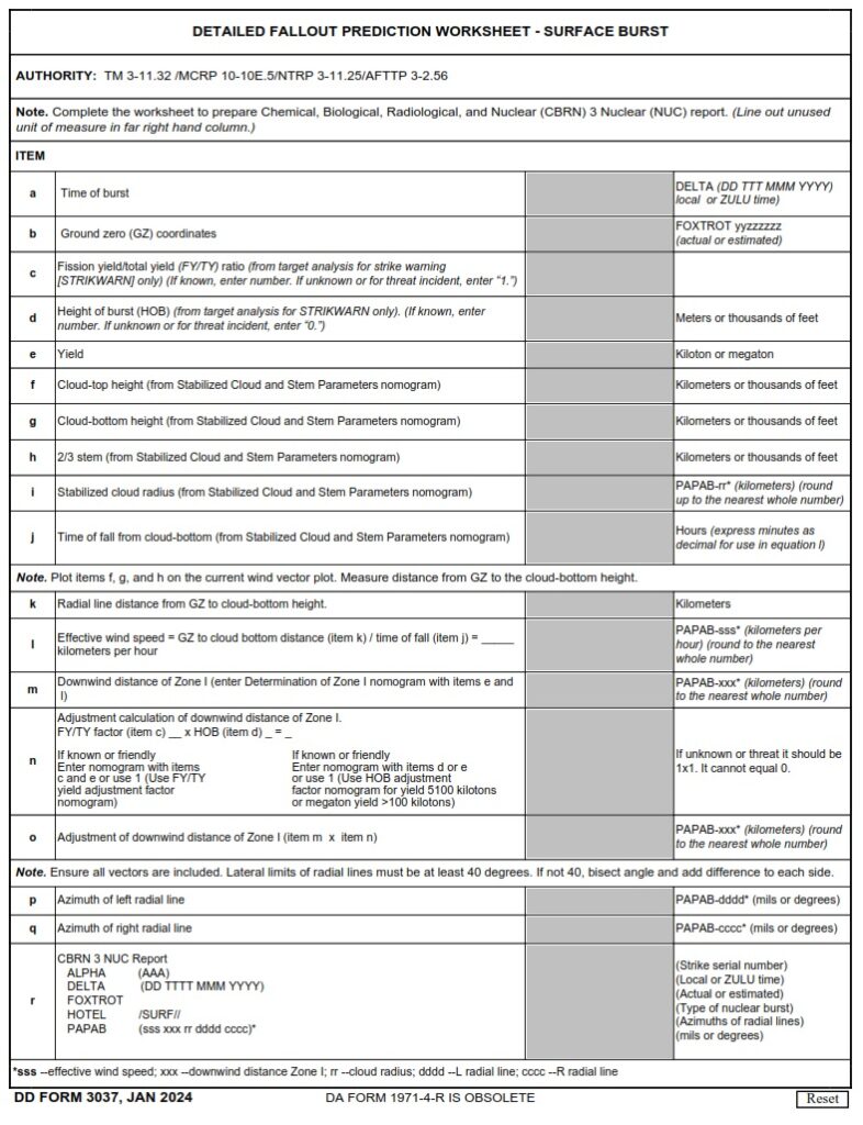 DD Form 3037 - Detailed Nuclear Fallout Prediction Worksheet - Surface ...